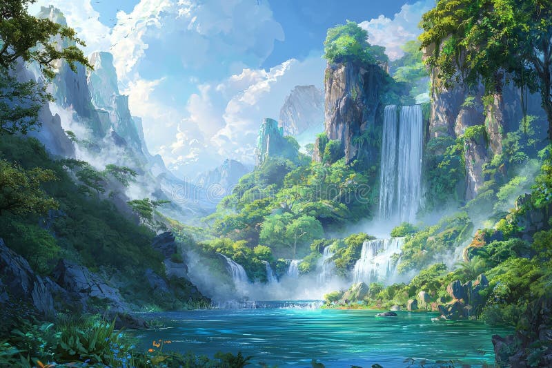 An Illustration of a Beautiful Fantasy River Landscape with Waterfalls ...