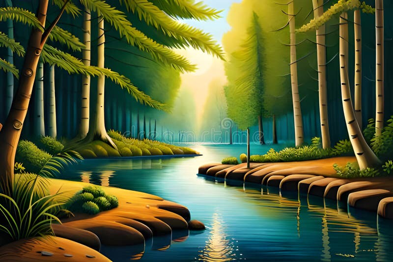 Illustration of a Beautiful Forest Landscape with a River and Bamboo ...