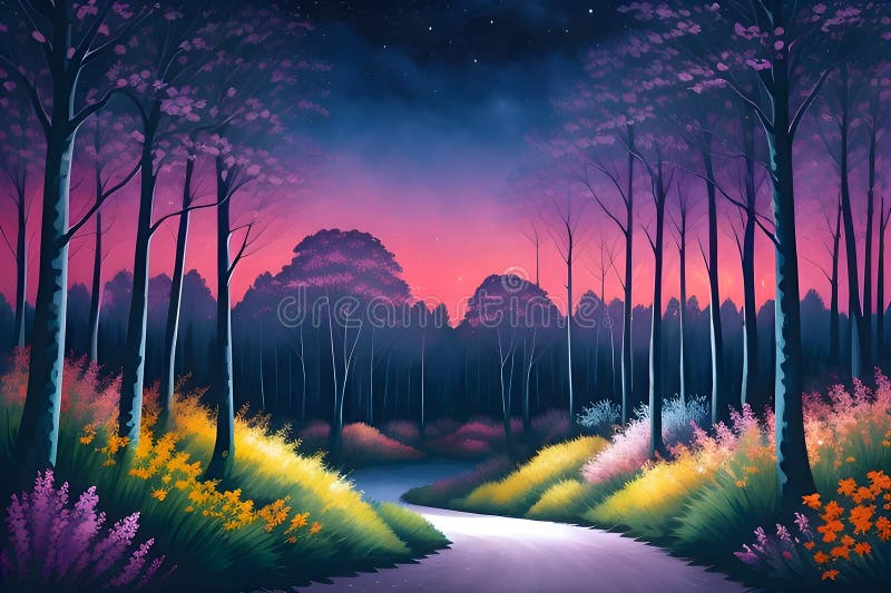 Illustration of Beautiful Forest with Road, Trees and Flowers Stock ...