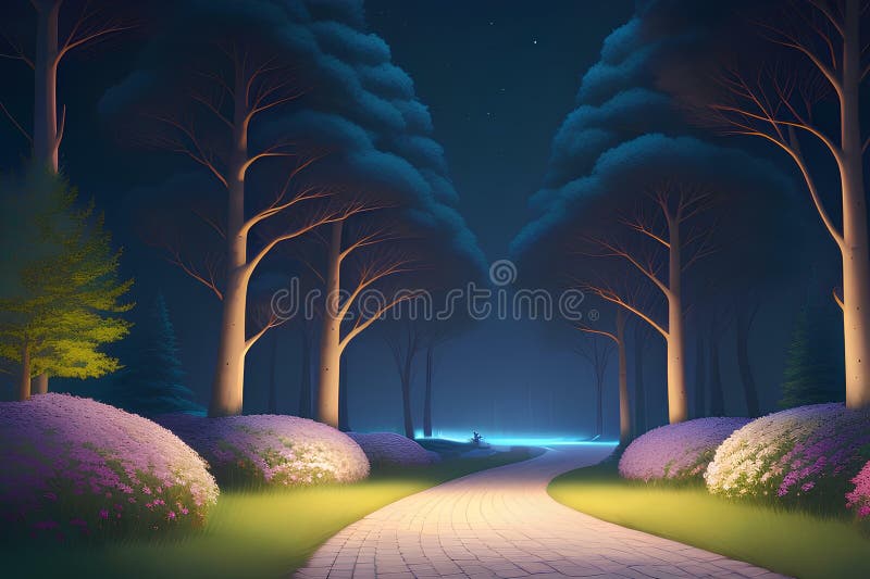 Illustration of Beautiful Forest with Road, Trees and Flowers Stock ...