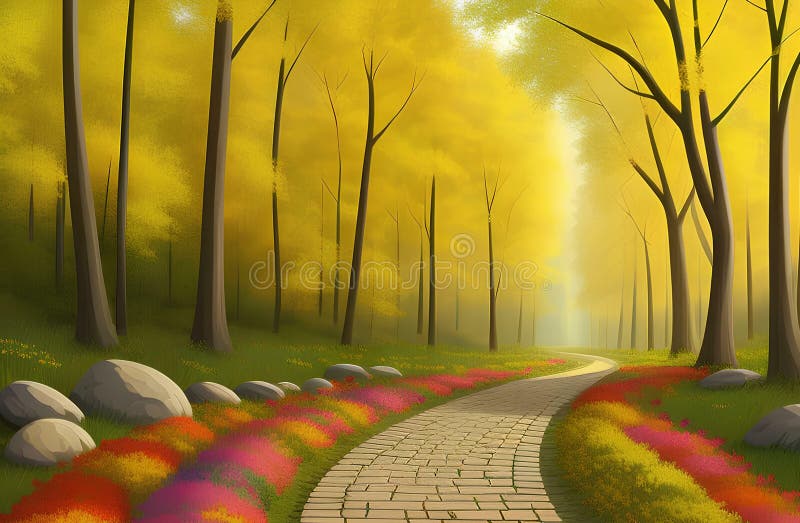 Illustration of Beautiful Forest with Road, Trees and Flowers Stock ...
