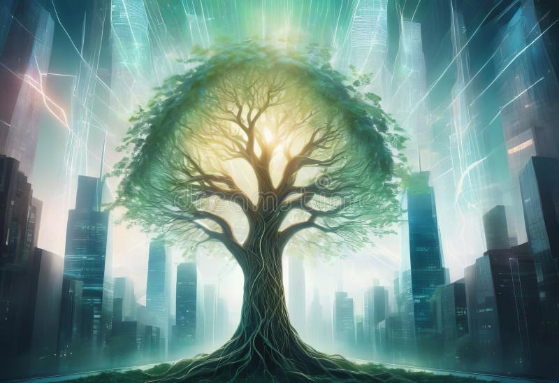 Illustration of Beautiful Glowing Tree Growing Stock Illustration ...