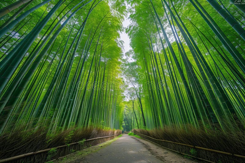 Beautiful Green Bamboo Forest with Tall Trees and a Path in Japan Stock ...