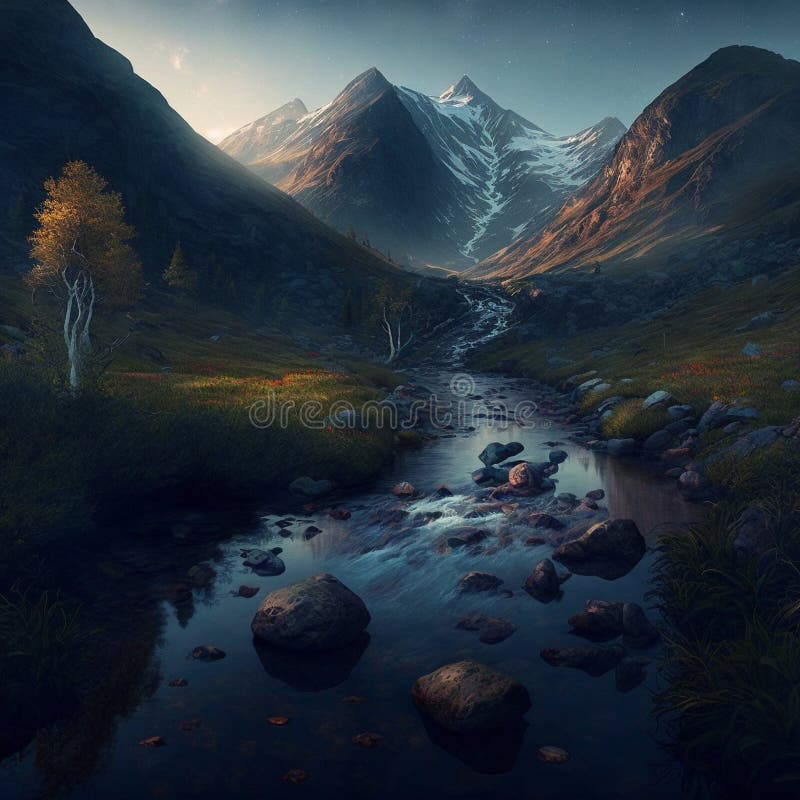 Illustration of a Beautiful Mountain Stream in the Style of Realism ...