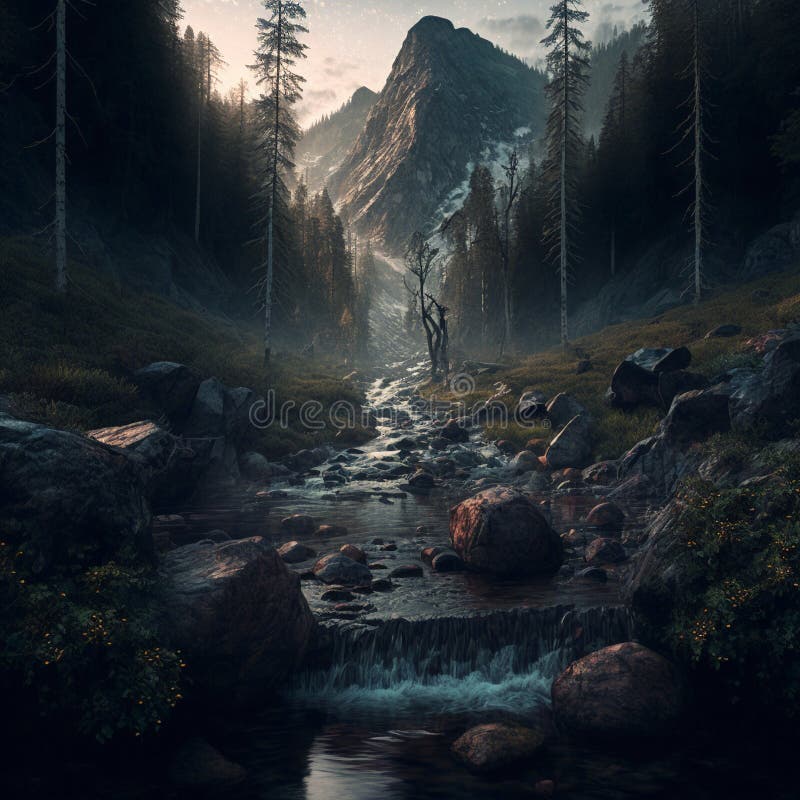 Illustration of a Beautiful Mountain Stream in the Style of Realism ...