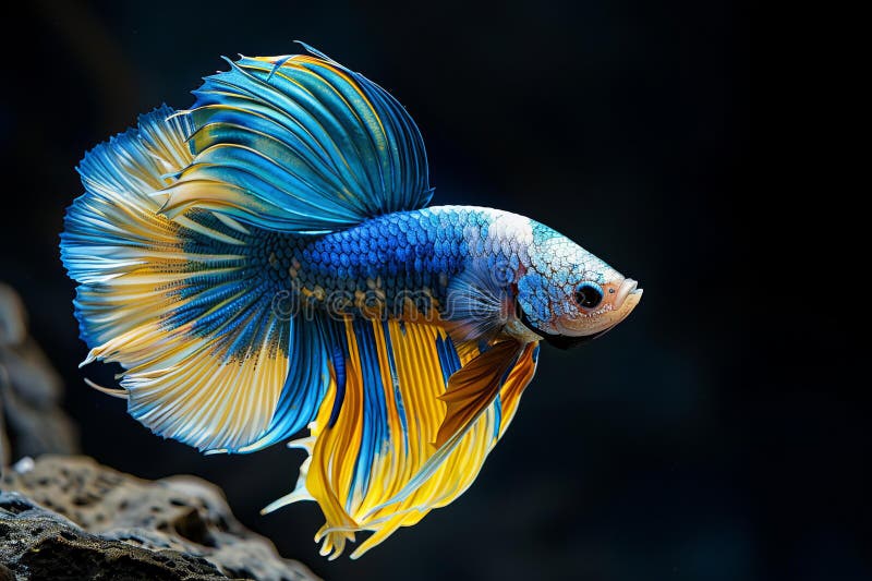 Beautiful Movement of Blue, Yellow, and White Betta Fish Against a ...
