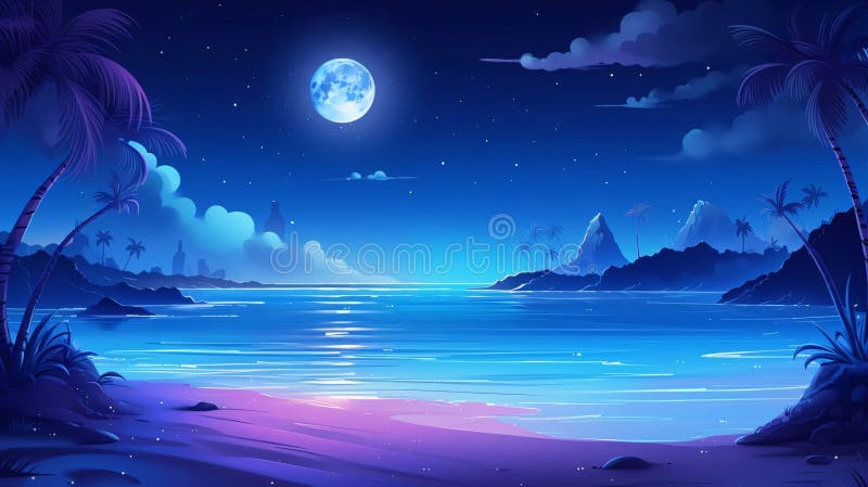 Illustration of a Beautiful Night Seascape with a Full Moon Stock ...