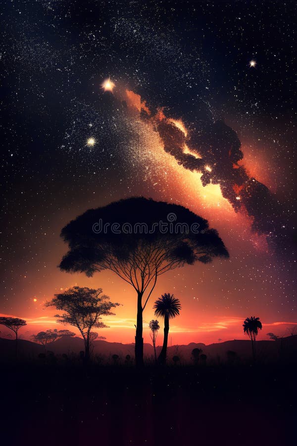 Illustration of a Beautiful Night Sky with Stars and an Acacia Tree ...