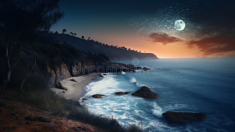 Beautiful Night View of the Seashore at Full Moon Stock Illustration ...