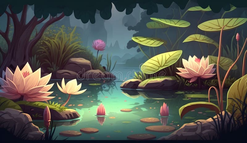 Illustration of a Beautiful Pond with Lotus Flowers in the Forest Stock ...