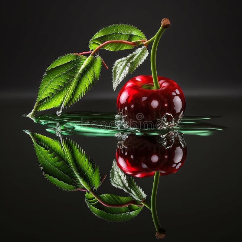 A Cherry with Stalk Reflected on a Shiny Black Surface, Generative Ai ...