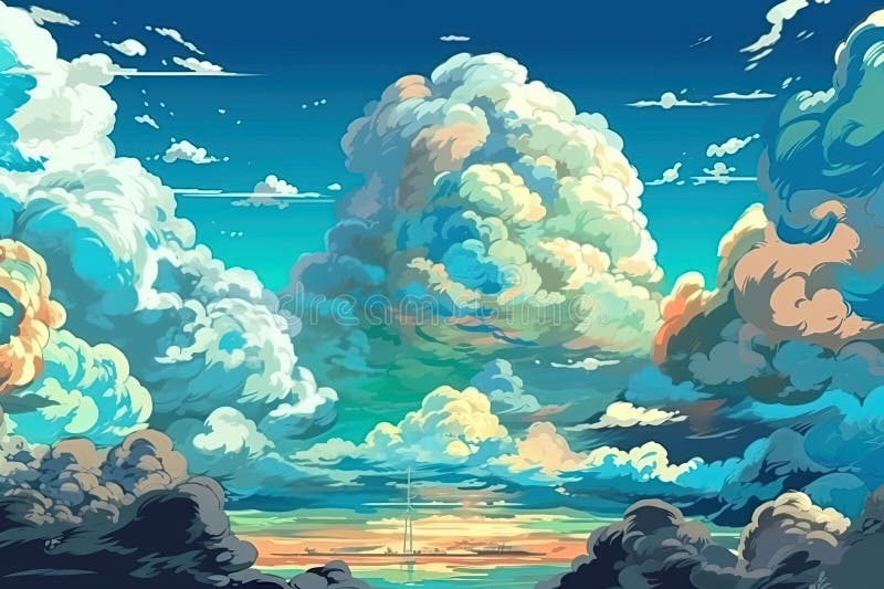 Illustration of a Beautiful Sky with Fluffy Clouds in Anime Style Stock ...