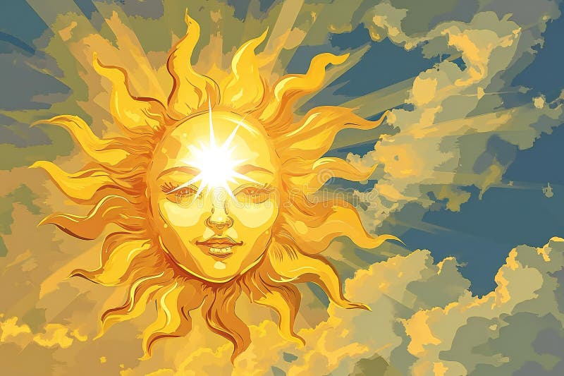 Illustration of a Beautiful Sun with Rays and Clouds in the Background ...