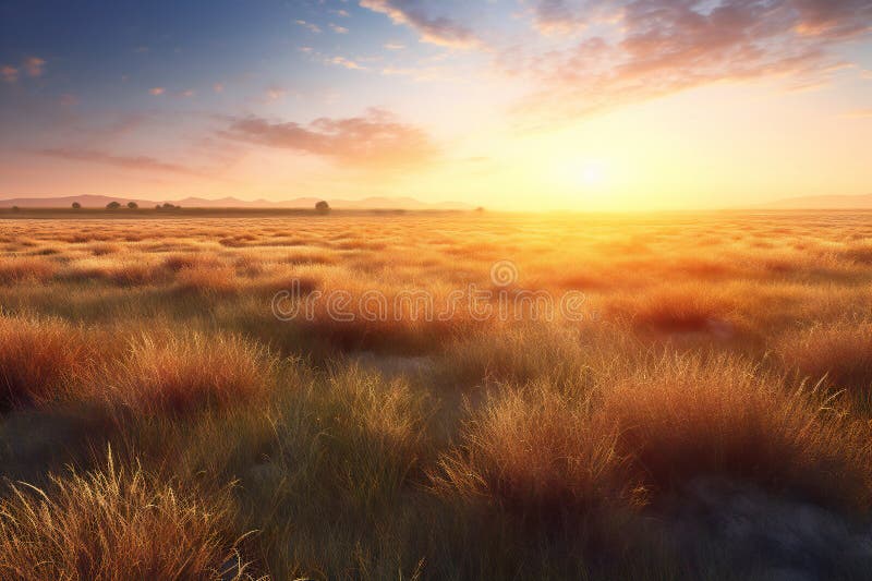 Beautiful Sunrise Over the Meadow with Dry Grass and Trees Stock Image ...