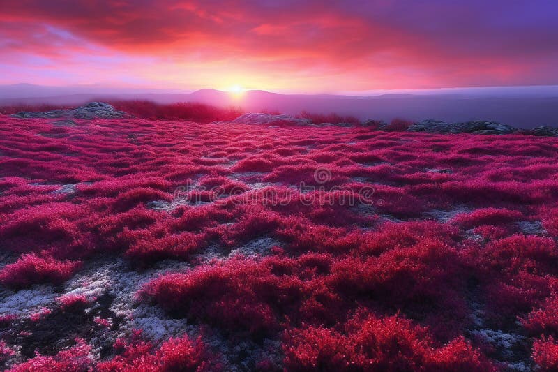 Beautiful Sunset in the Mountains, Landscape with Pink Heather Stock ...