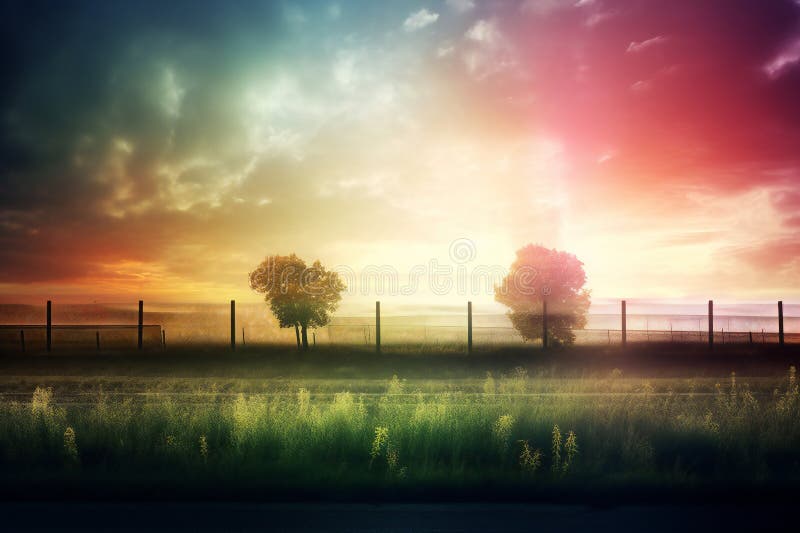 Beautiful Sunset Over a Meadow with Trees and a Fence Stock ...