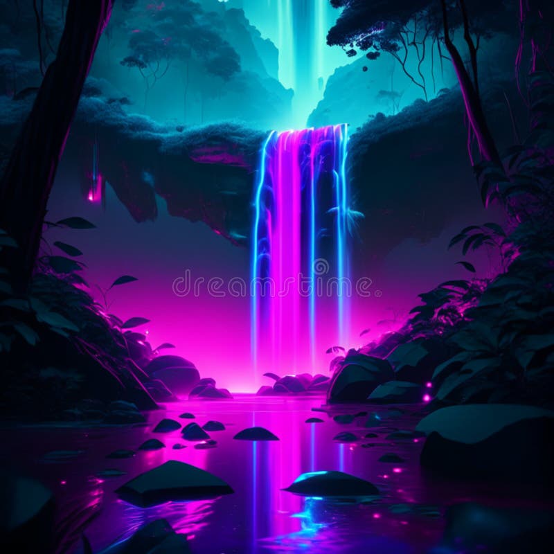 Illustration of a Beautiful Waterfall in the Night Forest. 3d Rendering ...