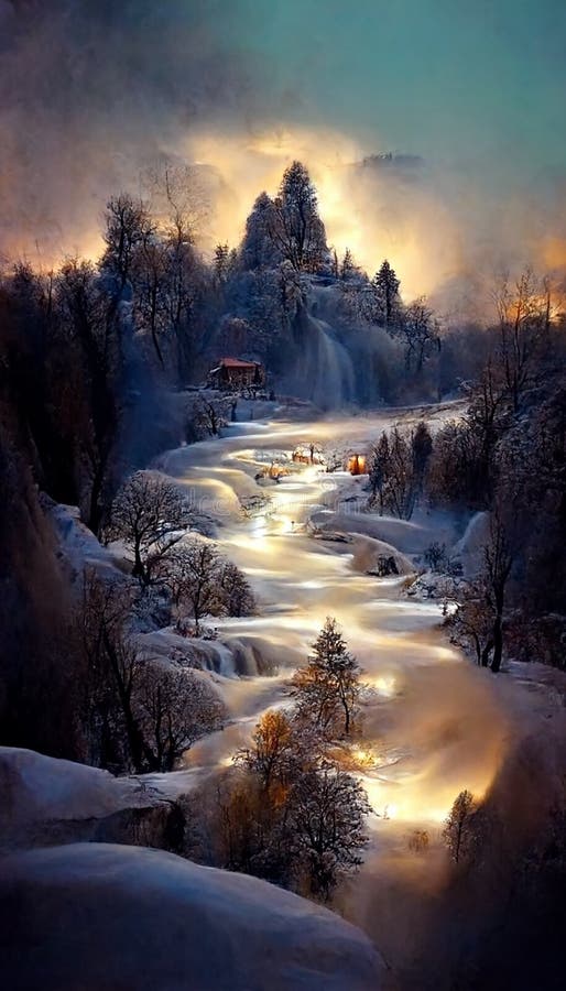 Illustration of Beautiful Wild Nature Landscape with Waterfall and ...