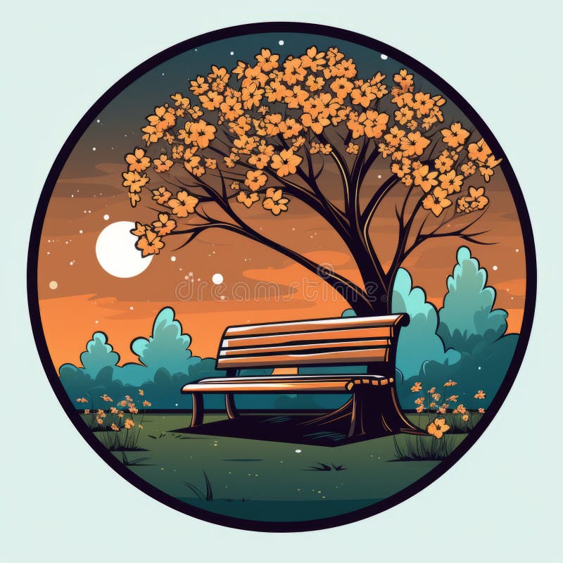 An Illustration of a Bench Under a Tree at Night Stock Illustration ...