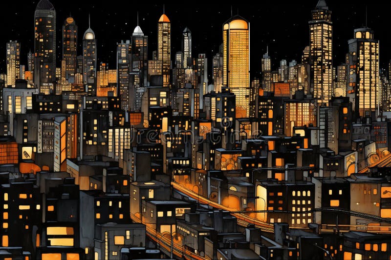 Illustration of a Big City at Night with Neon Lights Stock Illustration ...
