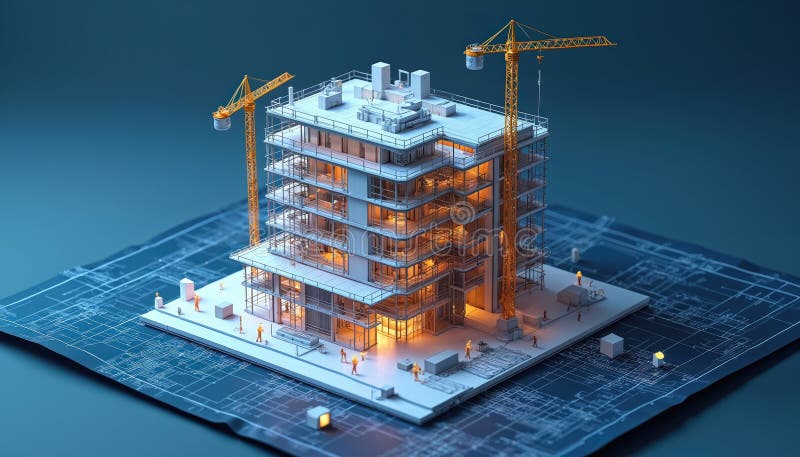 Illustration BIM concept. 3D model of modern building on blueprints ...