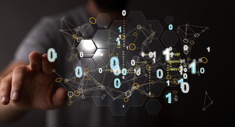 Illustration of Binary Codes and a Human Hand Touching a Transparent ...