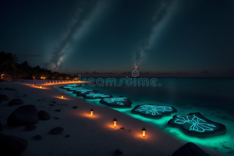 An Illustration of the Bioluminescence Shore in Maldives Stock ...