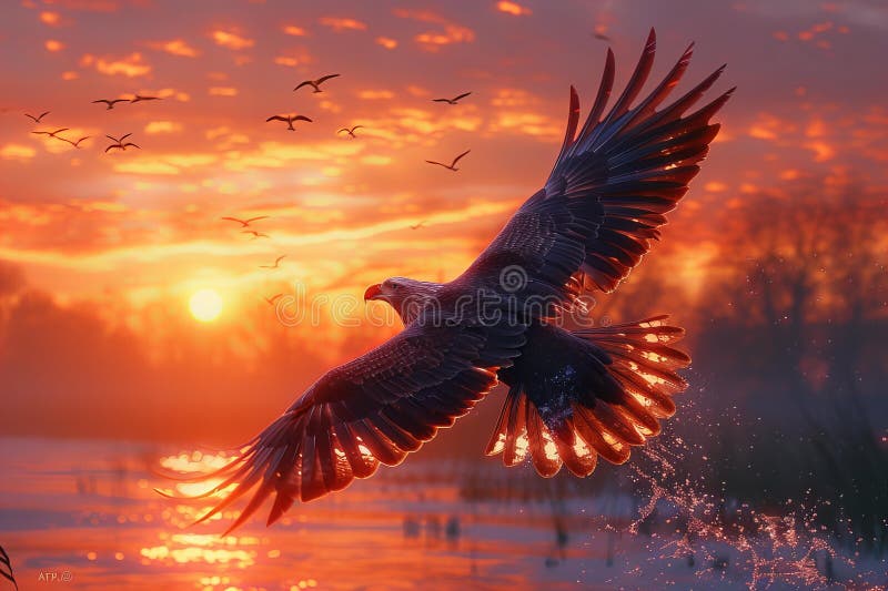 A Bird Flying Over the Water at Sunset, High Quality, High Resolution ...