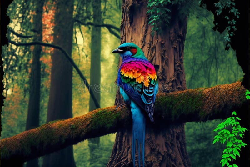 The Bird Has Many Colors on a Tree in the Forest, Digital Illustration ...
