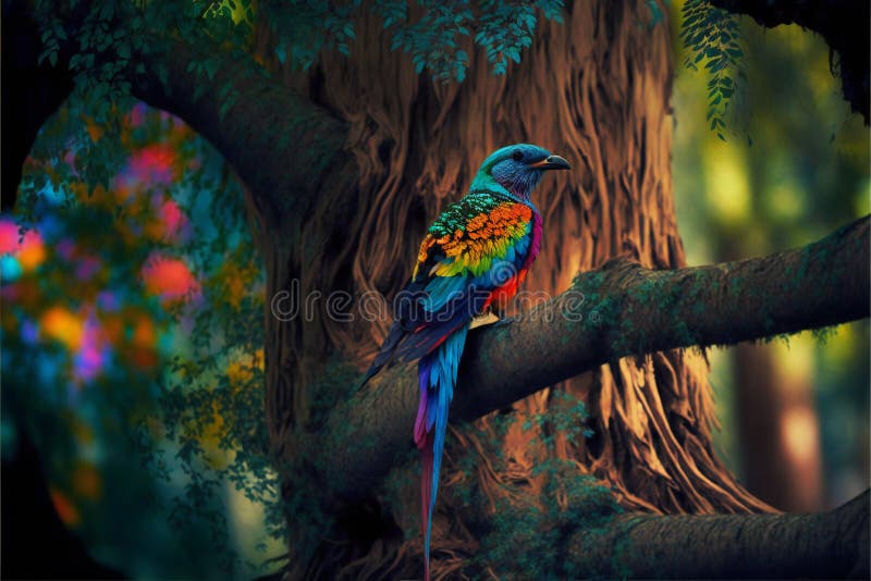The Bird Has Many Colors on a Tree in the Forest, Digital Illustration ...