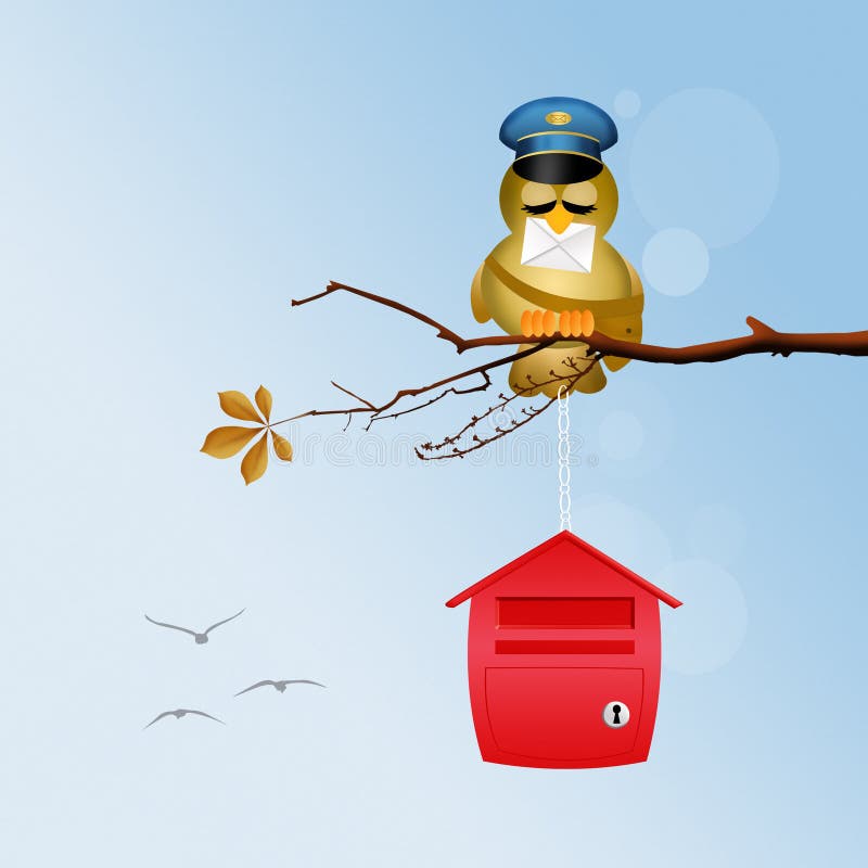 Bird postman at Christmas stock illustration. Illustration of mailbox ...