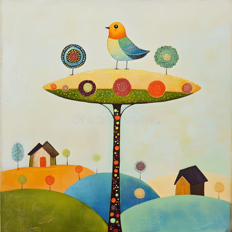 Illustration of a Bird and a Tree. Naive Art. Stock Photo - Image of ...