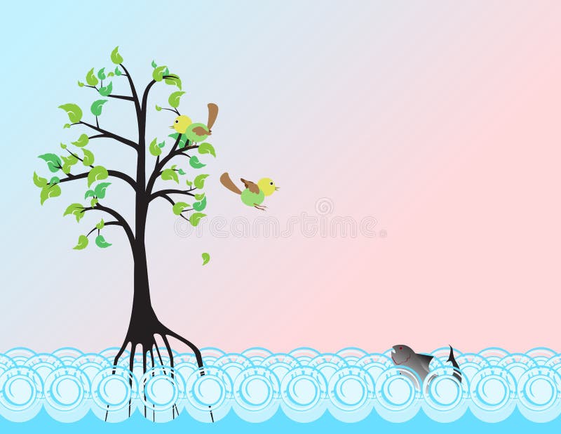 Illustration Birds Flying on Tree and Fish in the Sea. Stock Vector ...
