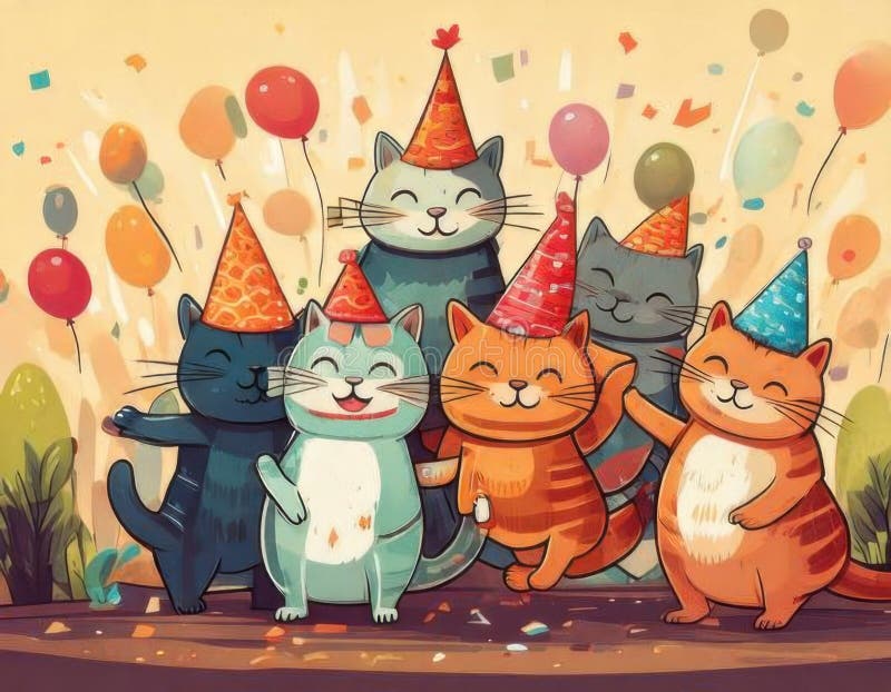 Illustration of a Birthday with Cats Stock Illustration - Illustration ...