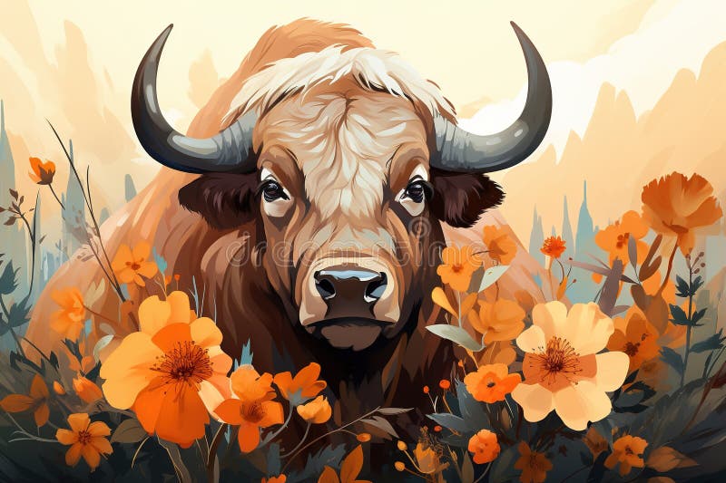 Illustration of a Bison with Orange Flowers Stock Illustration ...