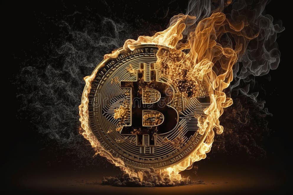 Illustration, Bitcoin Crypto Currency Burning Under Fire, Generative Ai ...