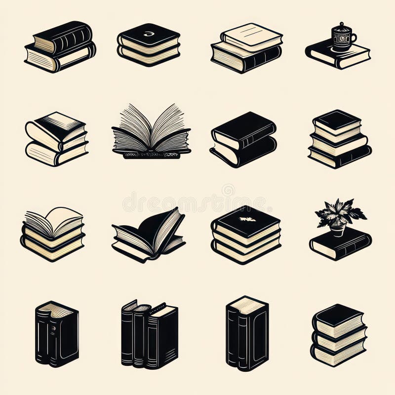 Illustration of Black Books Stacks and an Open Book Stock Illustration ...