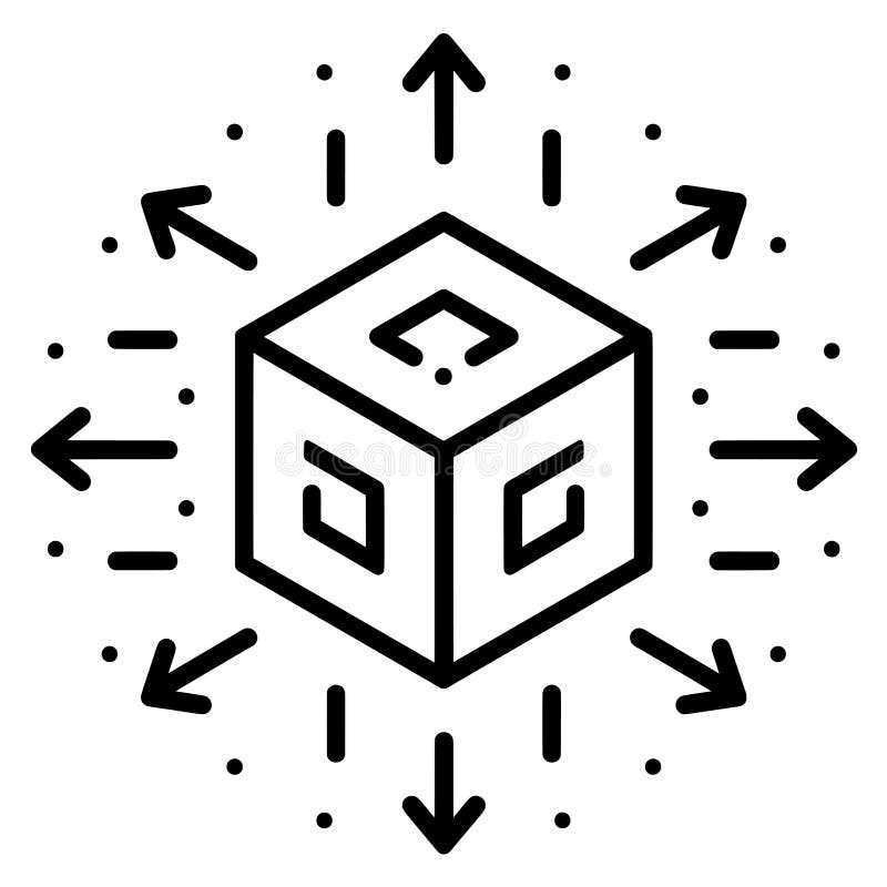 Black Line Icon of an Abstract Cube with Arrows Around it on a White ...