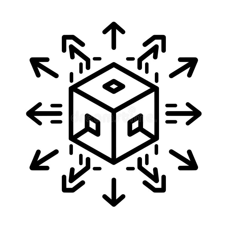 Black Line Icon of an Abstract Cube with Arrows Around it on a White ...