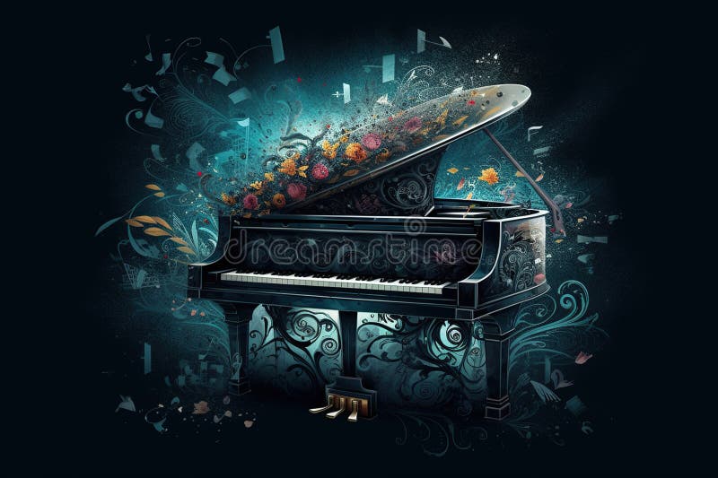 Illustration of Black Open Piano in Flowers, Classic Music Patterns ...