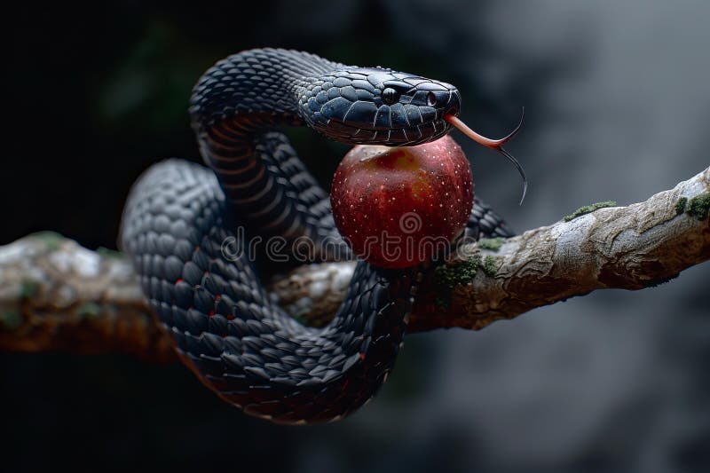 Black Snake Reaching for an Apple and Sitting on a Branch Stock ...