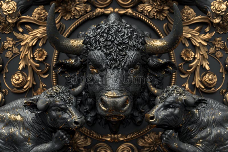 A Black Wall Art Pattern of a Black Bull and Bulls Holding Each Other ...