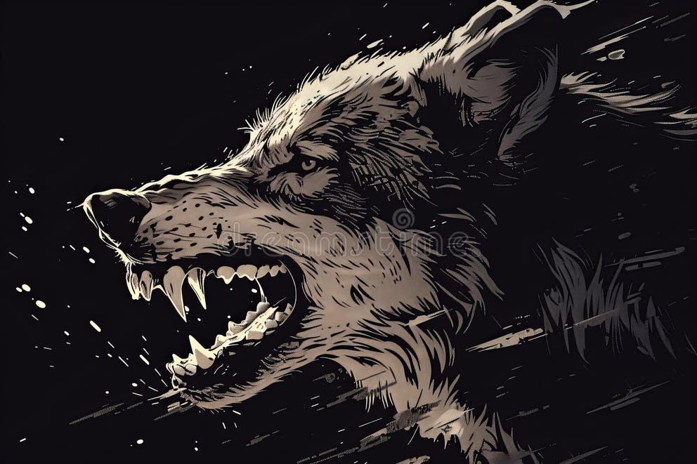 Illustration of Black and White Image Featuring a Wolf S Head Smacking ...