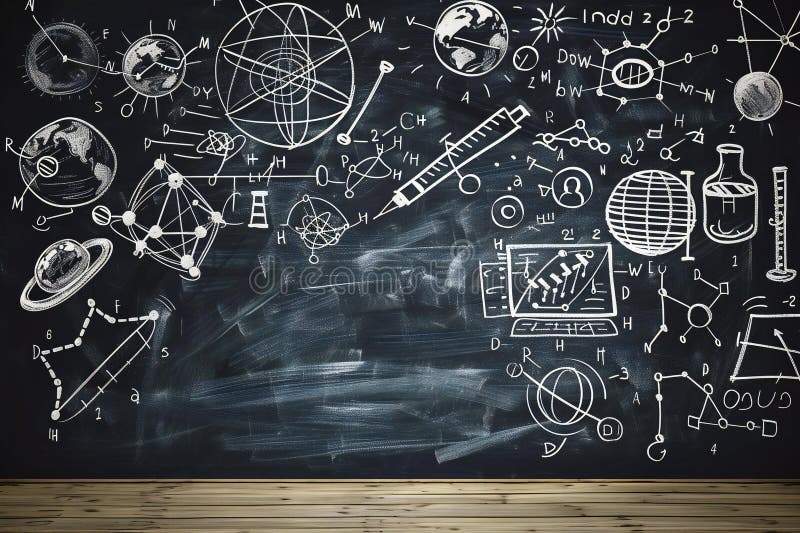 Blackboard Background with Doodles of Science and Math Symbols, Chalk ...