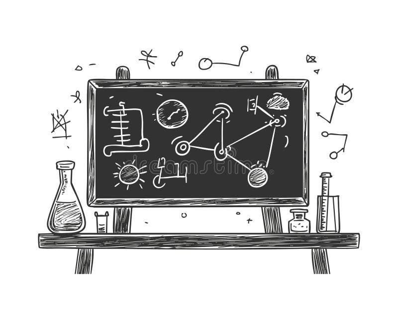 Illustration of a Blackboard with Scientific Formulas and Diagrams ...