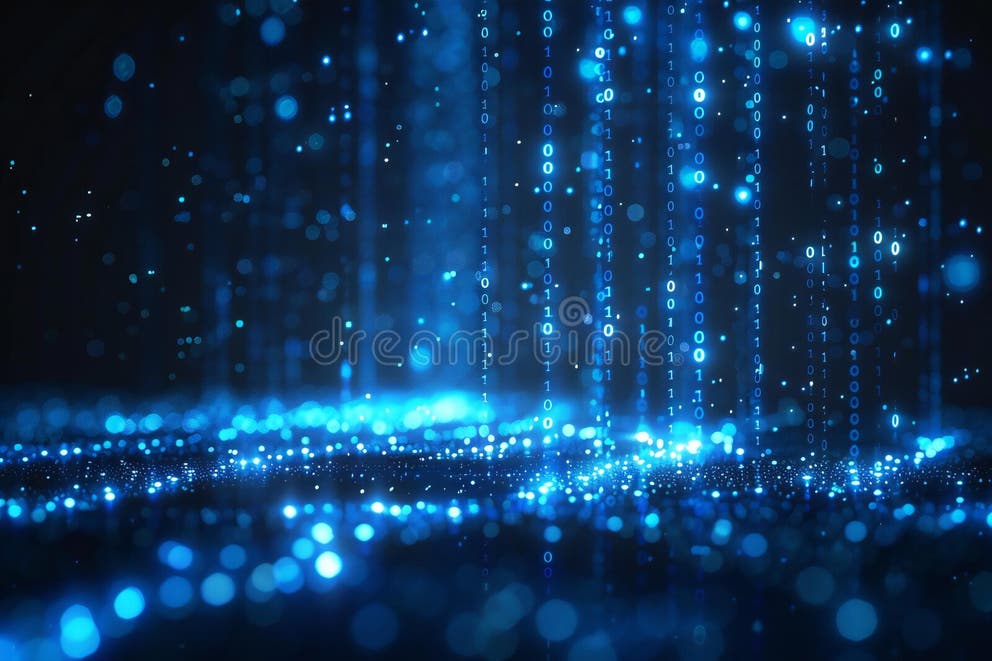 Illustration of Blue Binary Code Falling Down on a Dark Background ...