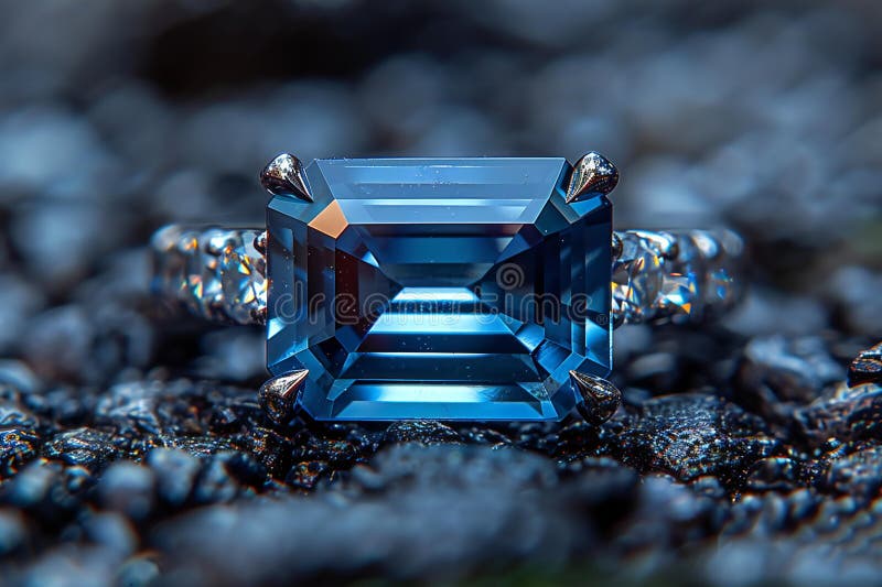 A Blue Emerald Cut Sapphire on a Black Background, in a Frontal View ...
