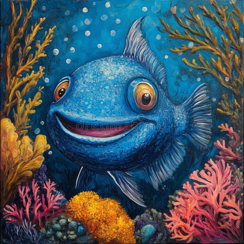 Illustration of a Blue Fish on a Background of Corals. Stock ...