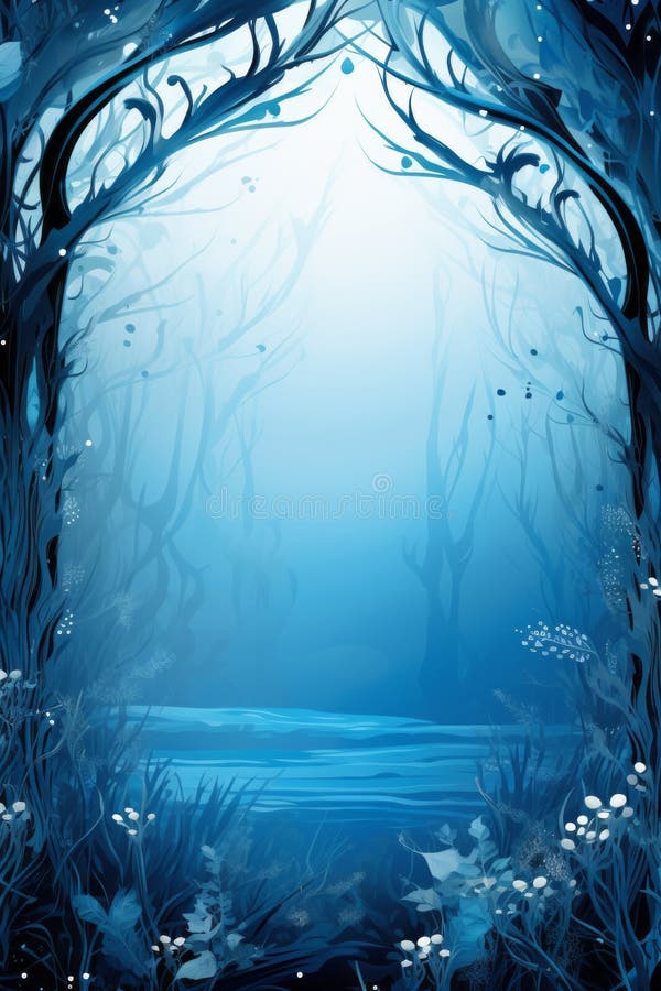 An Illustration of a Blue Forest with Trees and Water Stock Photo ...