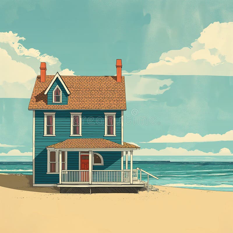 Illustration of the Blue House on the Beach with Blue Sky, Clouds ...